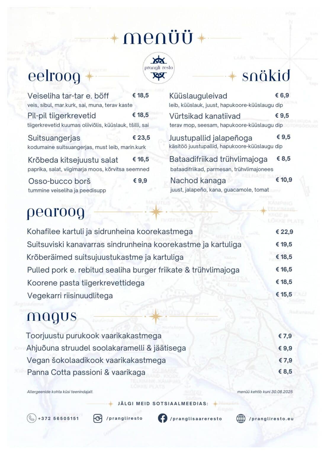 Prangli Saare-Resto - Menüü
